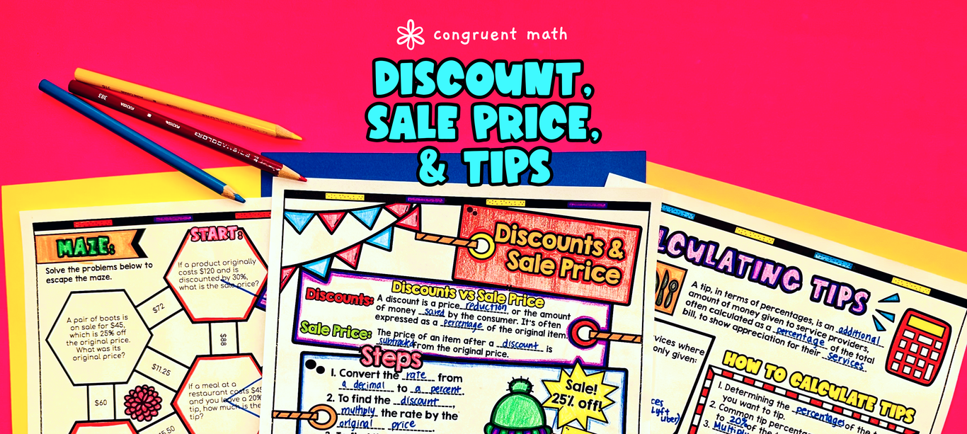 Percents Applications Discount, Sale Price, and Tips | Congruent Math